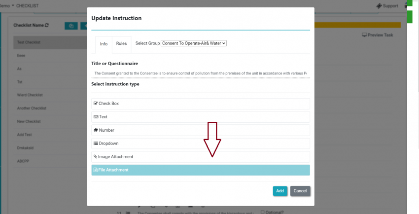 Document upload through instruction of the checklist - Facility Technology